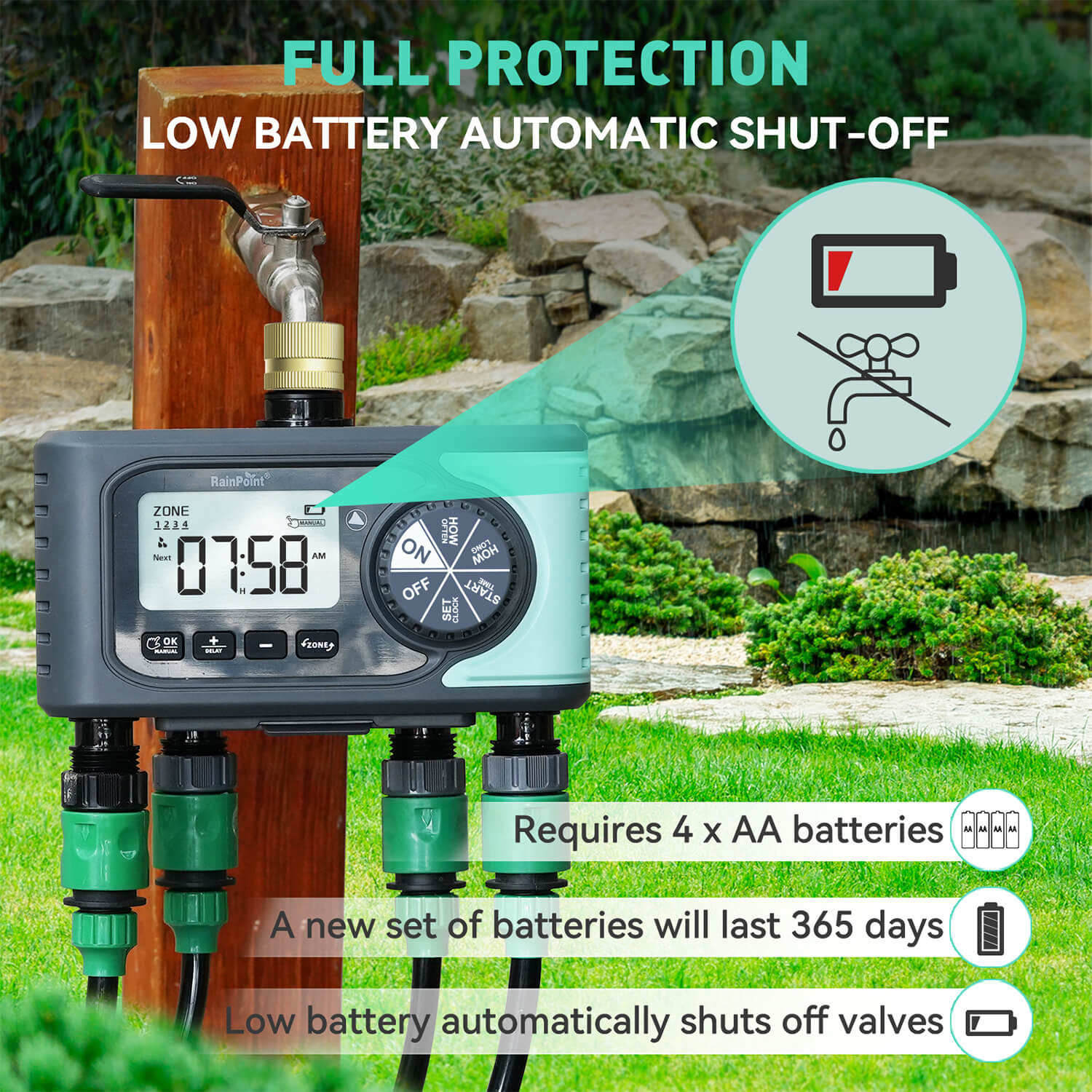 RainPoint 4 Outlet Hose Timer with Brass Inlet